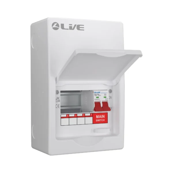 Live Electrical 4 Way Metal 100A Main Switch Consumer Unit